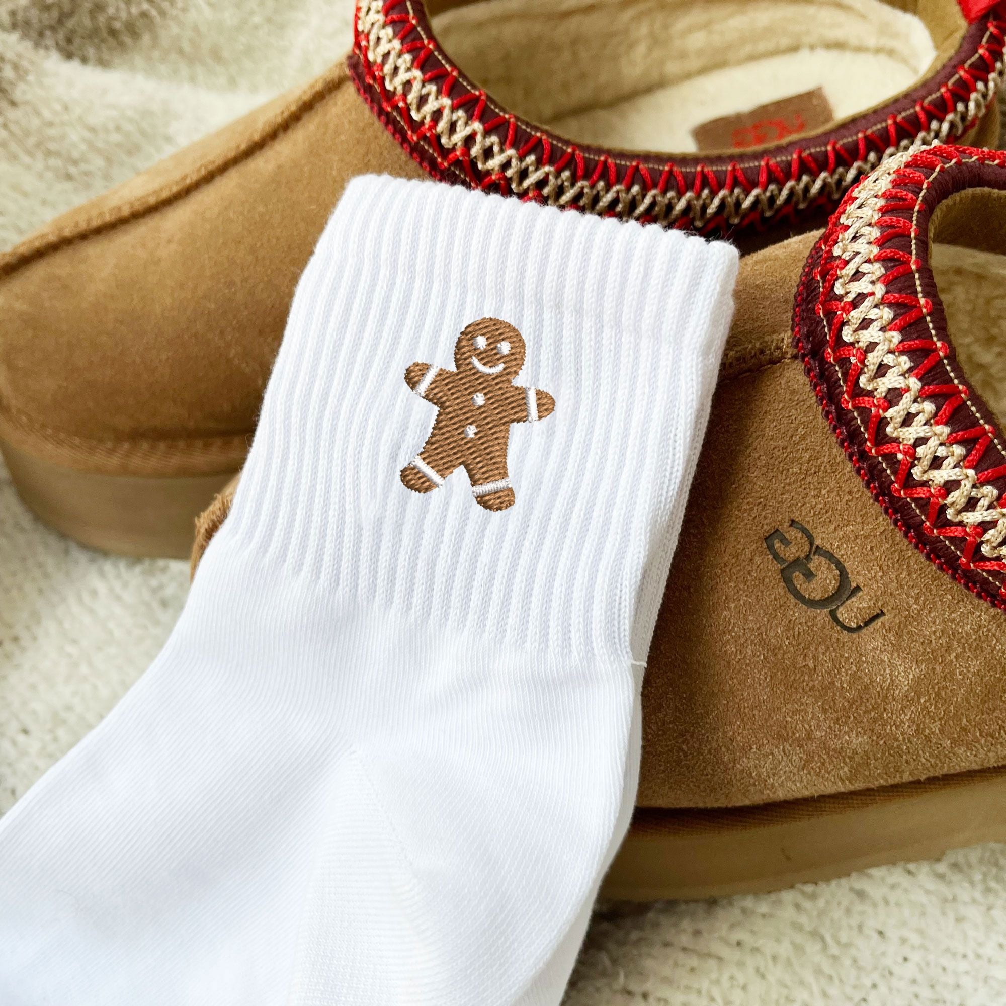 Gingerbread Man Embroidered Crew Socks