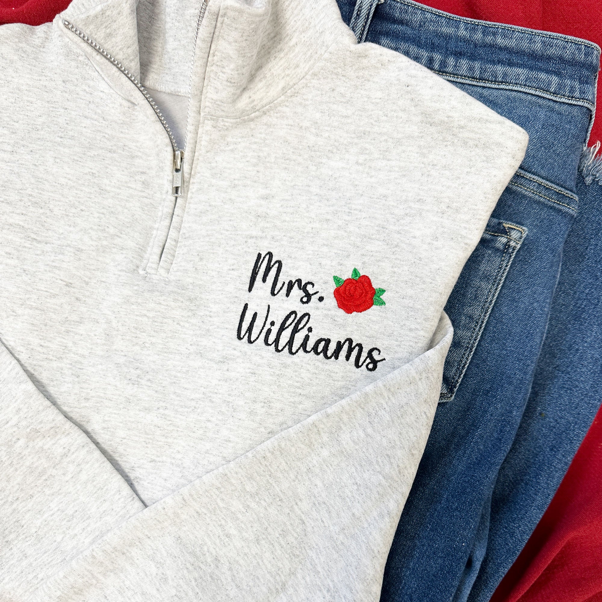 Personalized Teacher Quarter Zip with Mini Rose Embroidery